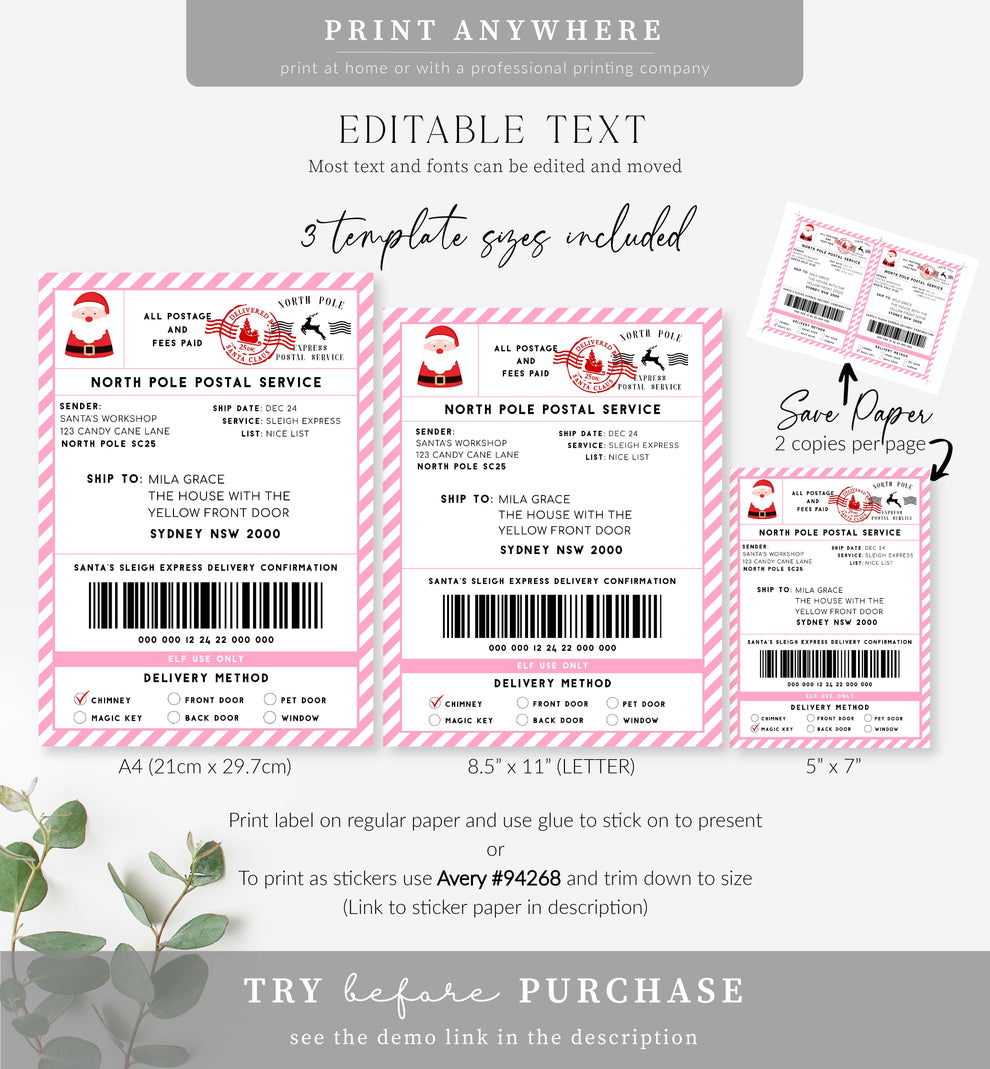 Santa's Workshop Pink | Printable Christmas Shipping Label Template ...