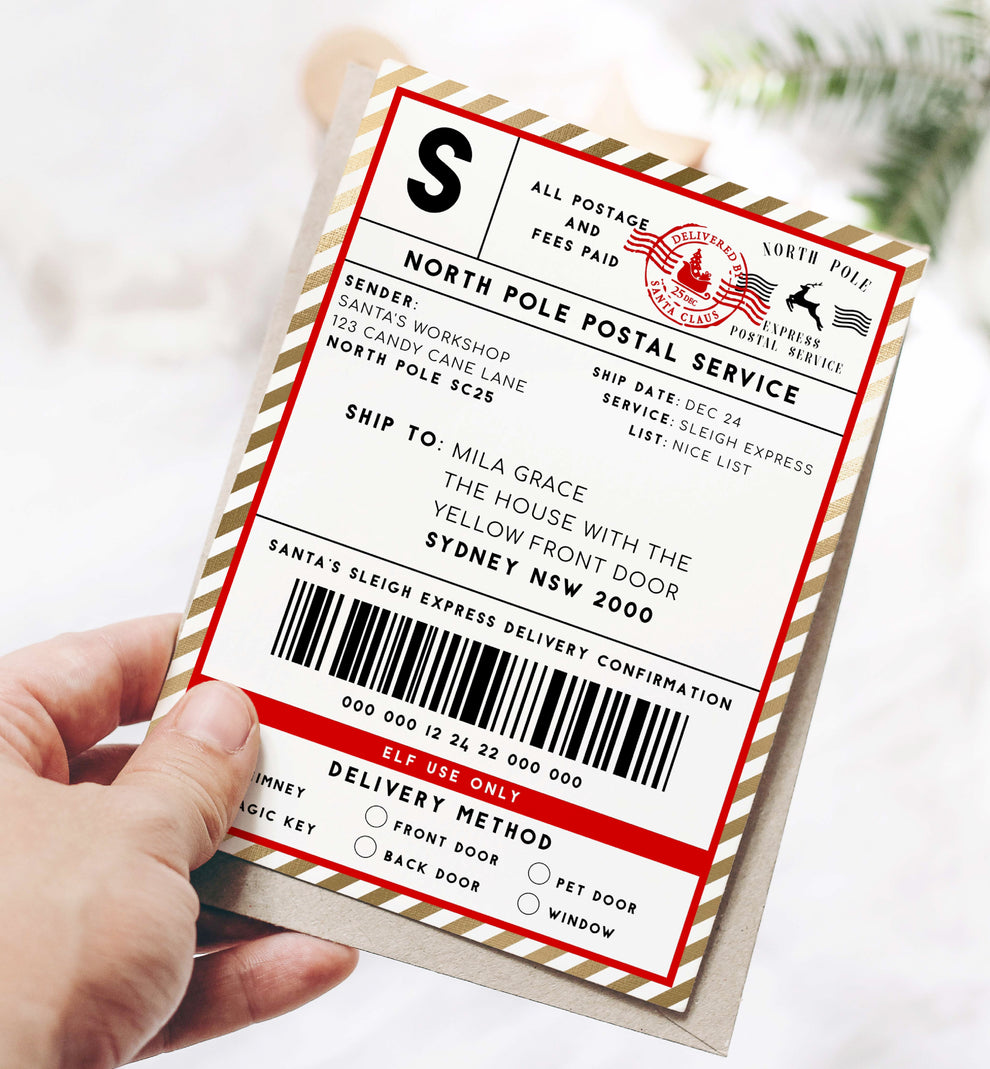 Santa's Workshop Red Gold | Printable Christmas Shipping Label Templat ...