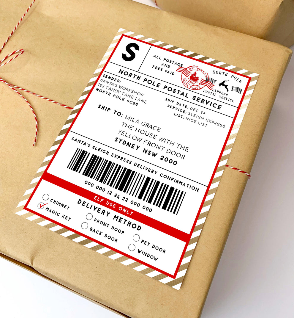 Santa's Workshop Red Gold | Printable Christmas Shipping Label Templat ...