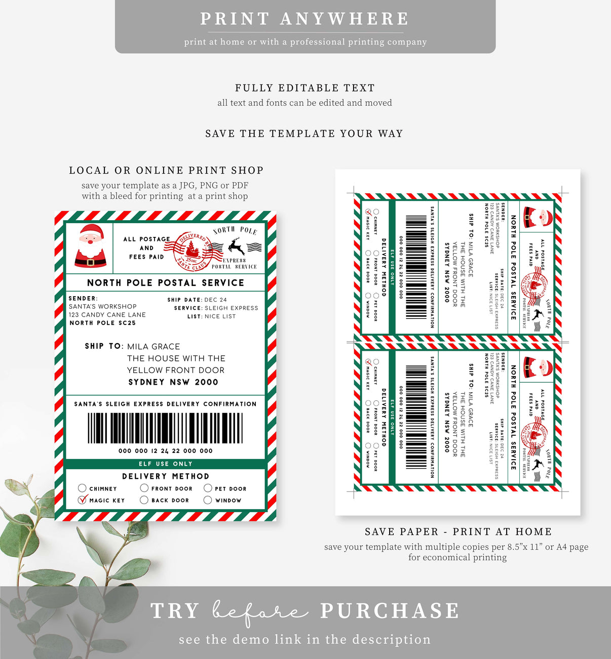 Santa's Workshop Red Green | Printable Christmas Shipping Label Templa ...