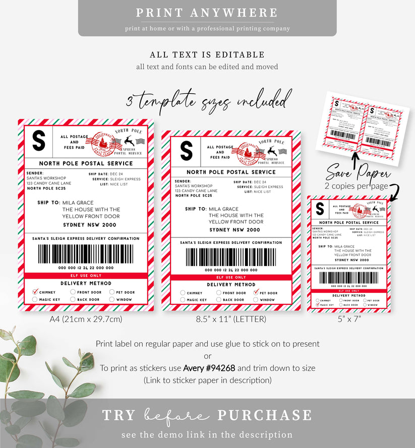 Santa's Workshop Pink Multi | Printable Christmas Shipping Label Templ ...