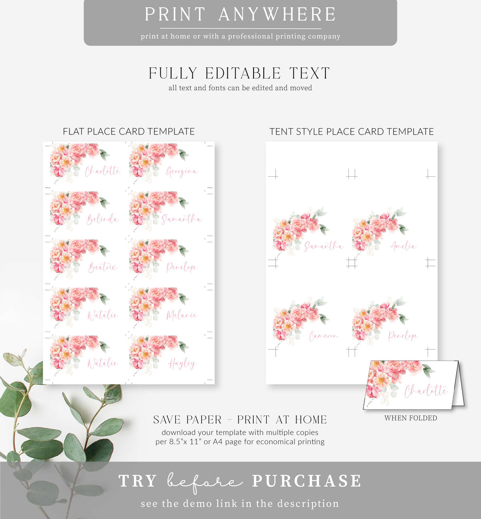 Piper Floral White | Printable Place Cards Template – Black Bow Studio