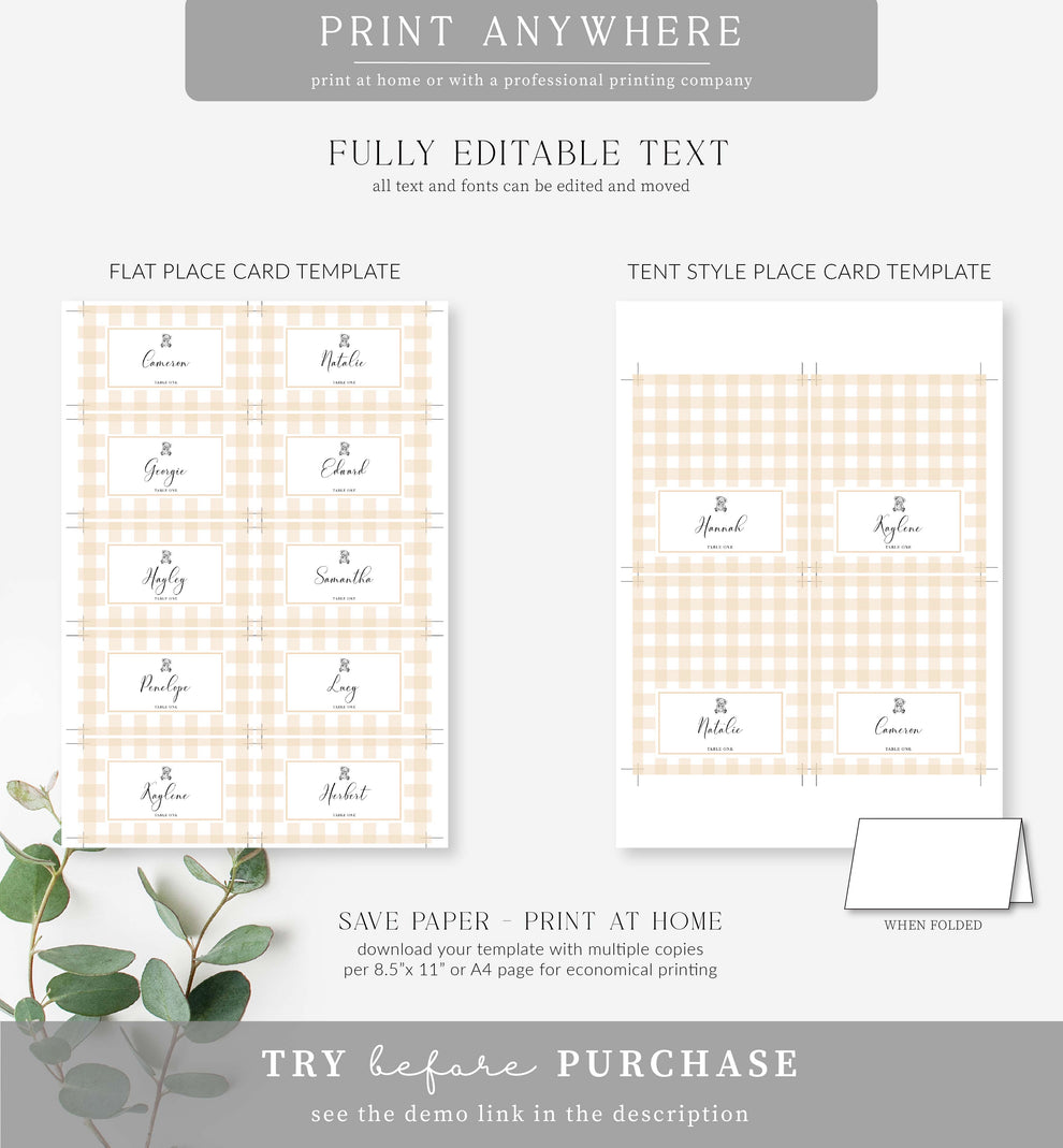 Gingham Tan Teddy Bear | Printable Place Cards Template – Black Bow Studio