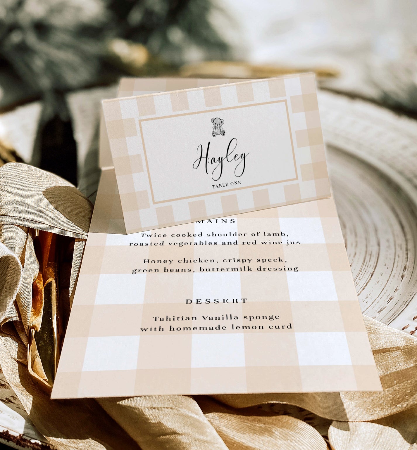 Gingham Tan Teddy Bear | Printable Place Cards Template – Black Bow Studio