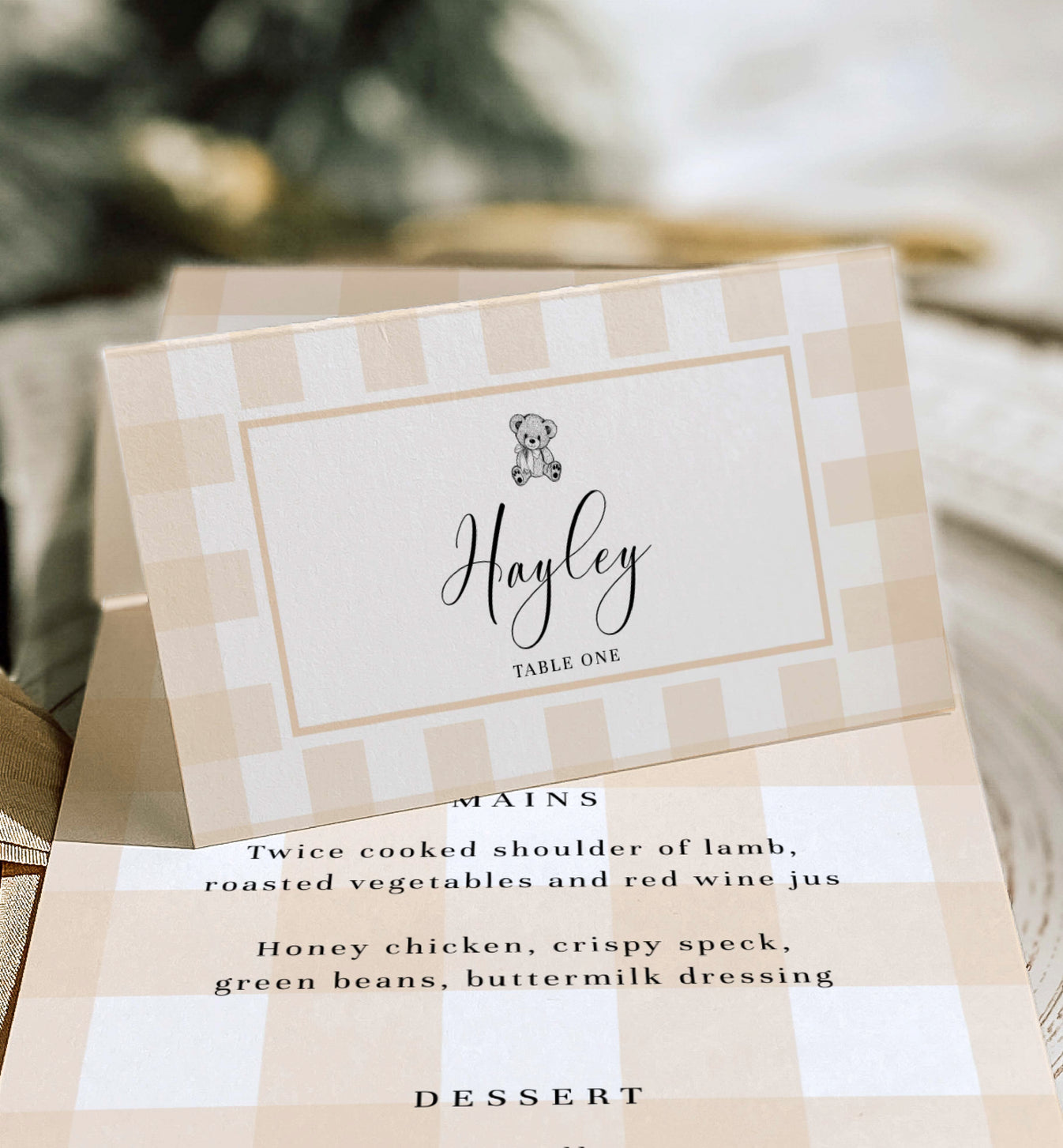 Gingham Tan Teddy Bear | Printable Place Cards Template – Black Bow Studio