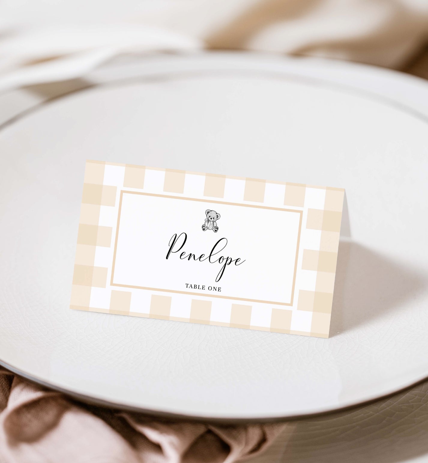 Gingham Tan Teddy Bear | Printable Place Cards Template – Black Bow Studio