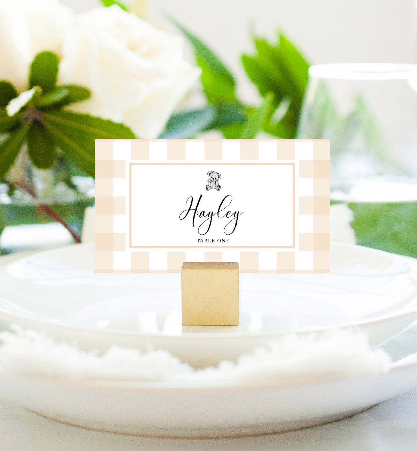 Gingham Tan Teddy Bear | Printable Place Cards Template – Black Bow Studio