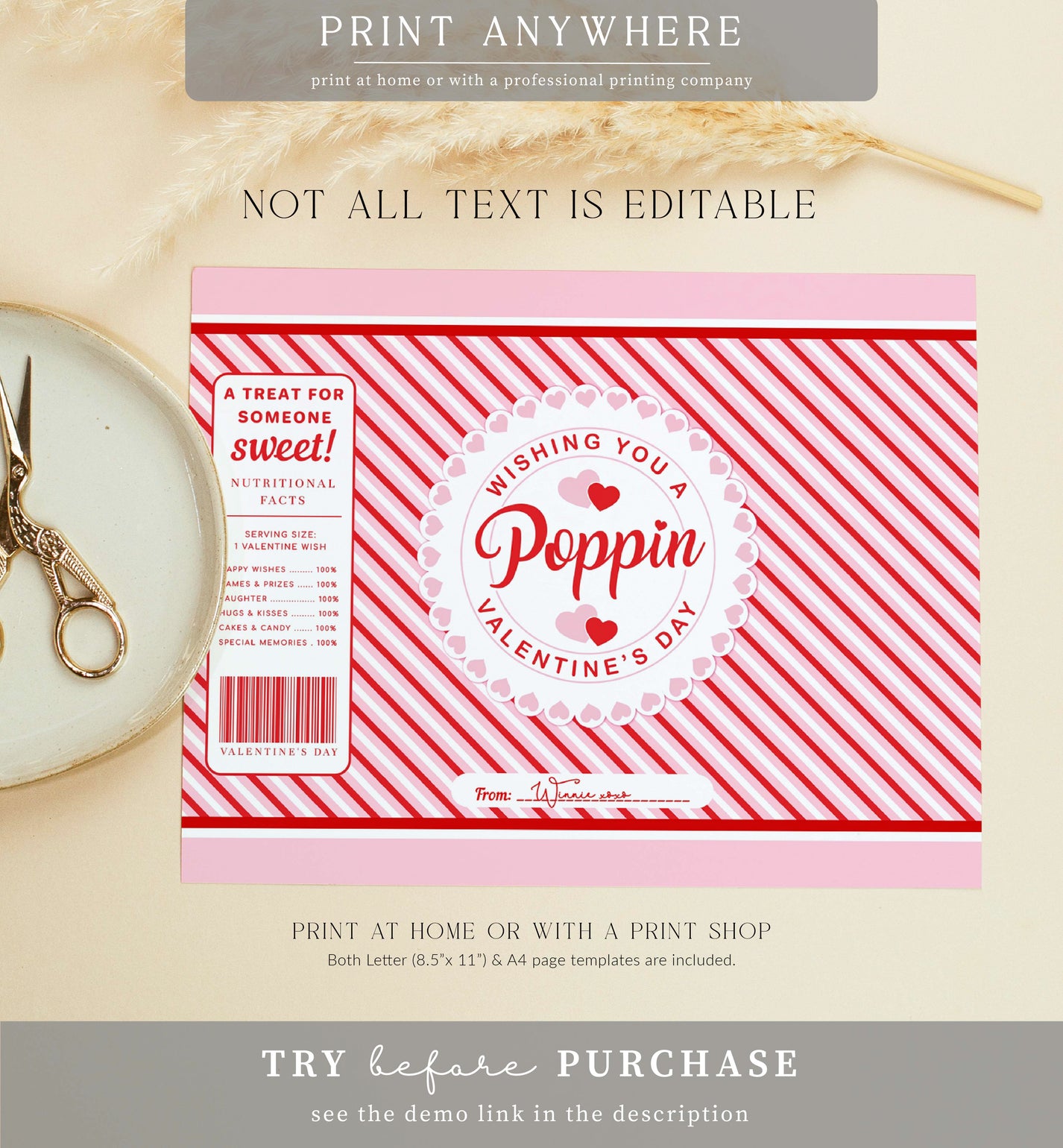 Stripe Red Pink | Printable Poppin Valentine's Day Popcorn Bag Templat ...