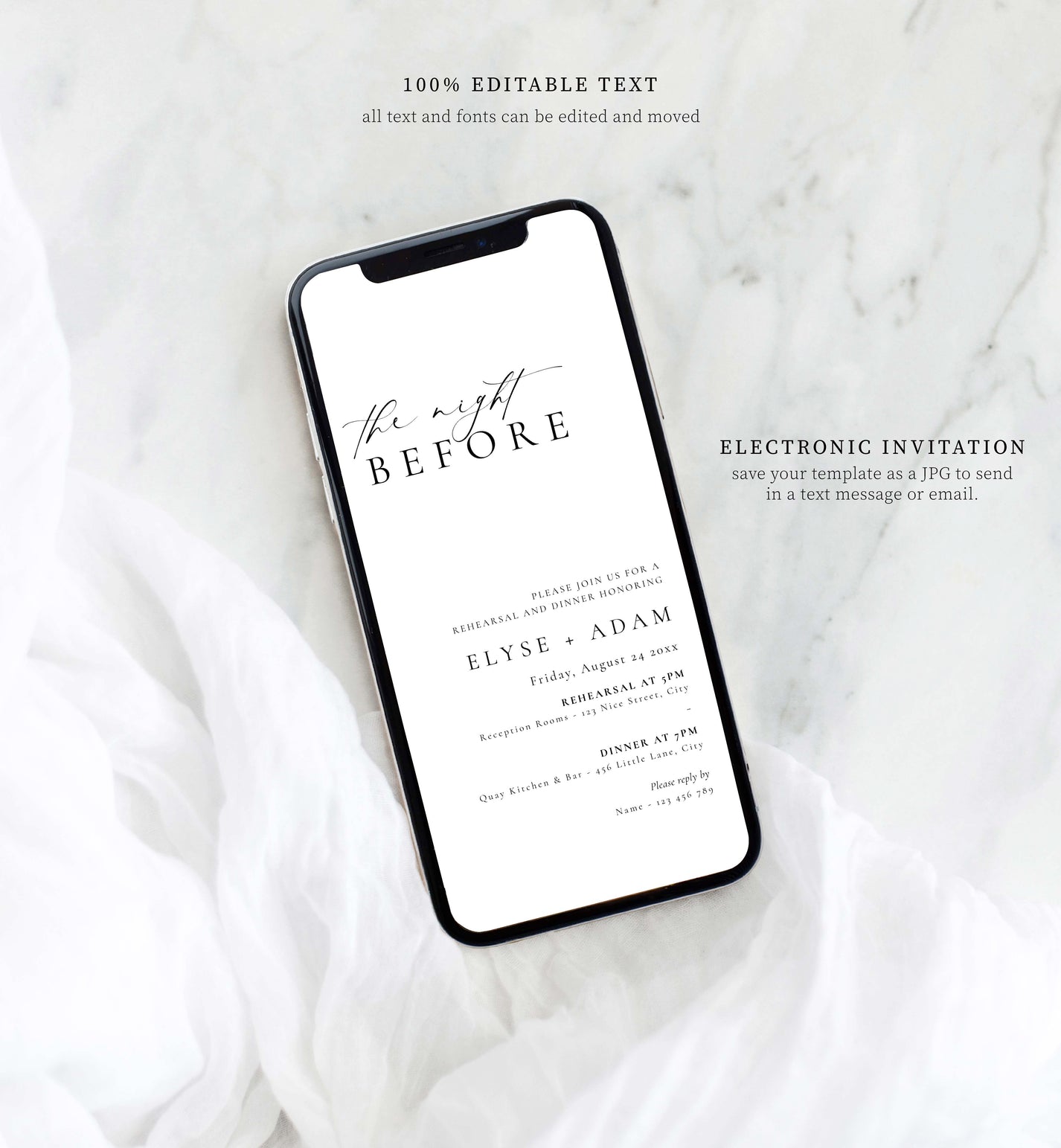 Ellesmere White | Smartphone Rehearsal Dinner Invitation Template ...