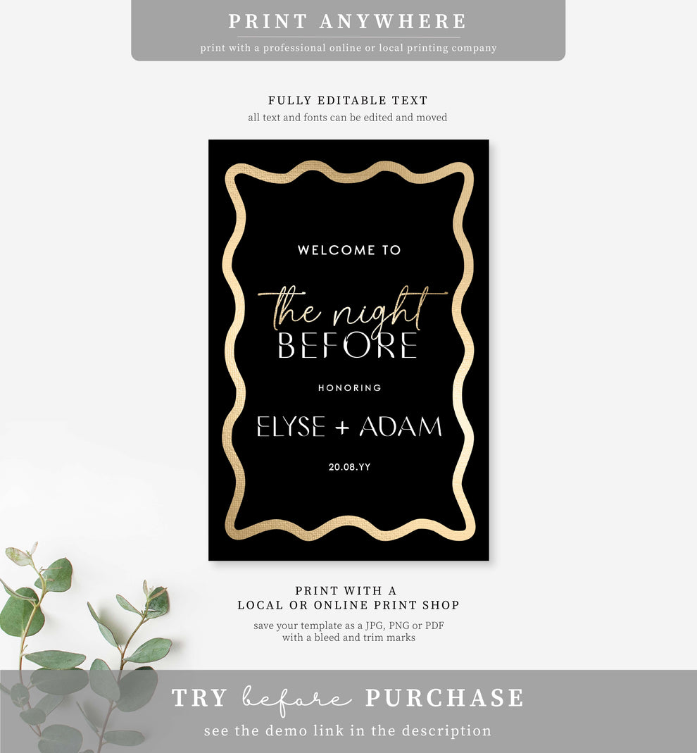 Wave Black Gold | Printable Rehearsal Dinner Welcome Sign Template ...