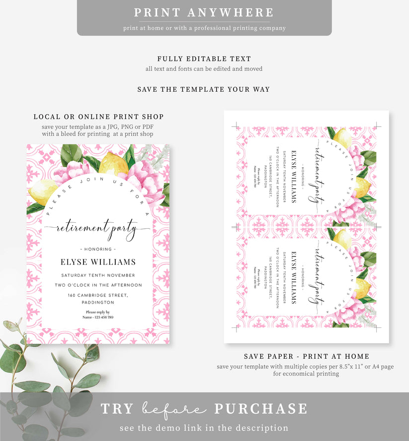 The Med Arch Pink Lemons | Printable Retirement Party Invitation Templ ...