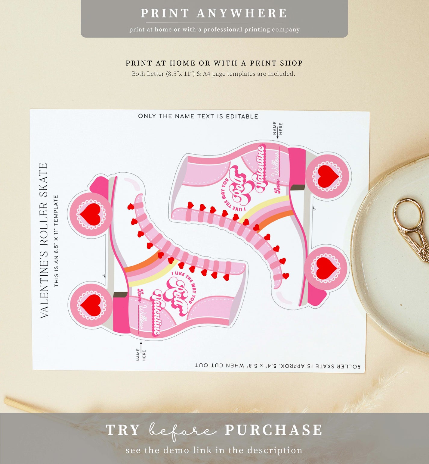 Roller Skate | Printable Valentine's Day Tag Template – Black Bow Studio