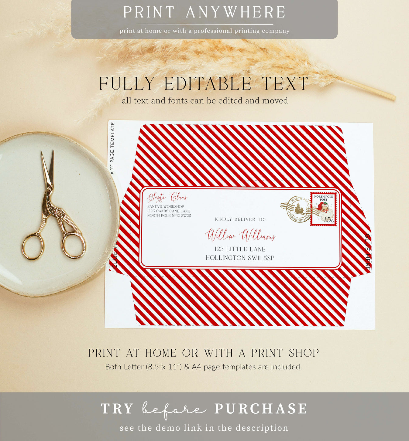 Santa's Workshop Red | Printable Christmas Envelope Template – Black ...