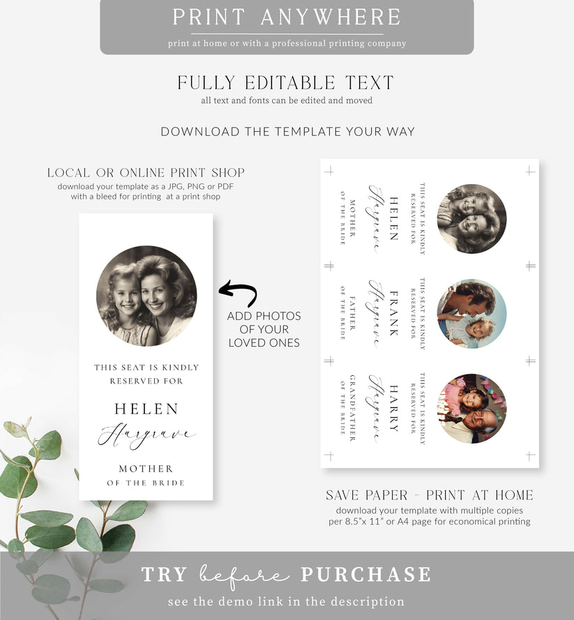 Ellesmere White | Printable Photo Reserved Seat Sign Template – Black ...