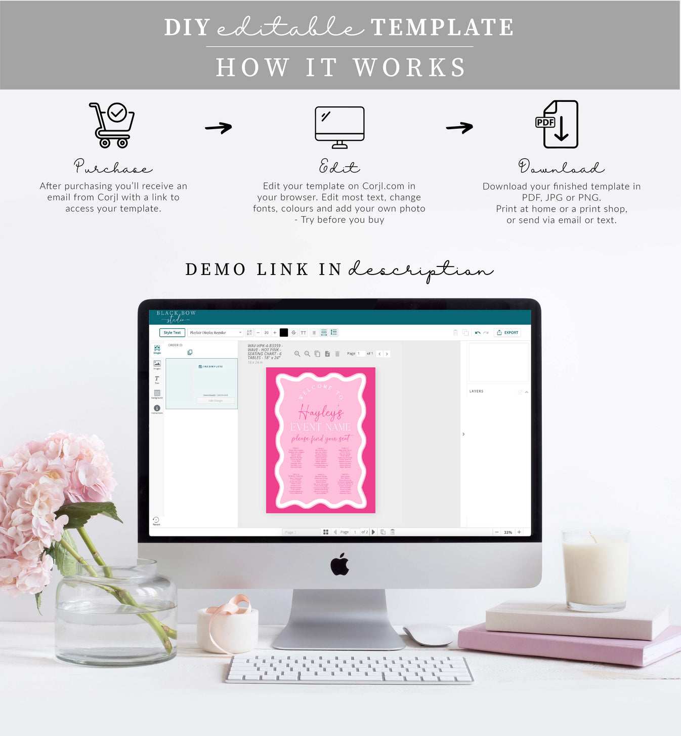 Wave Hot Pink | Printable Seating Chart Template – Black Bow Studio