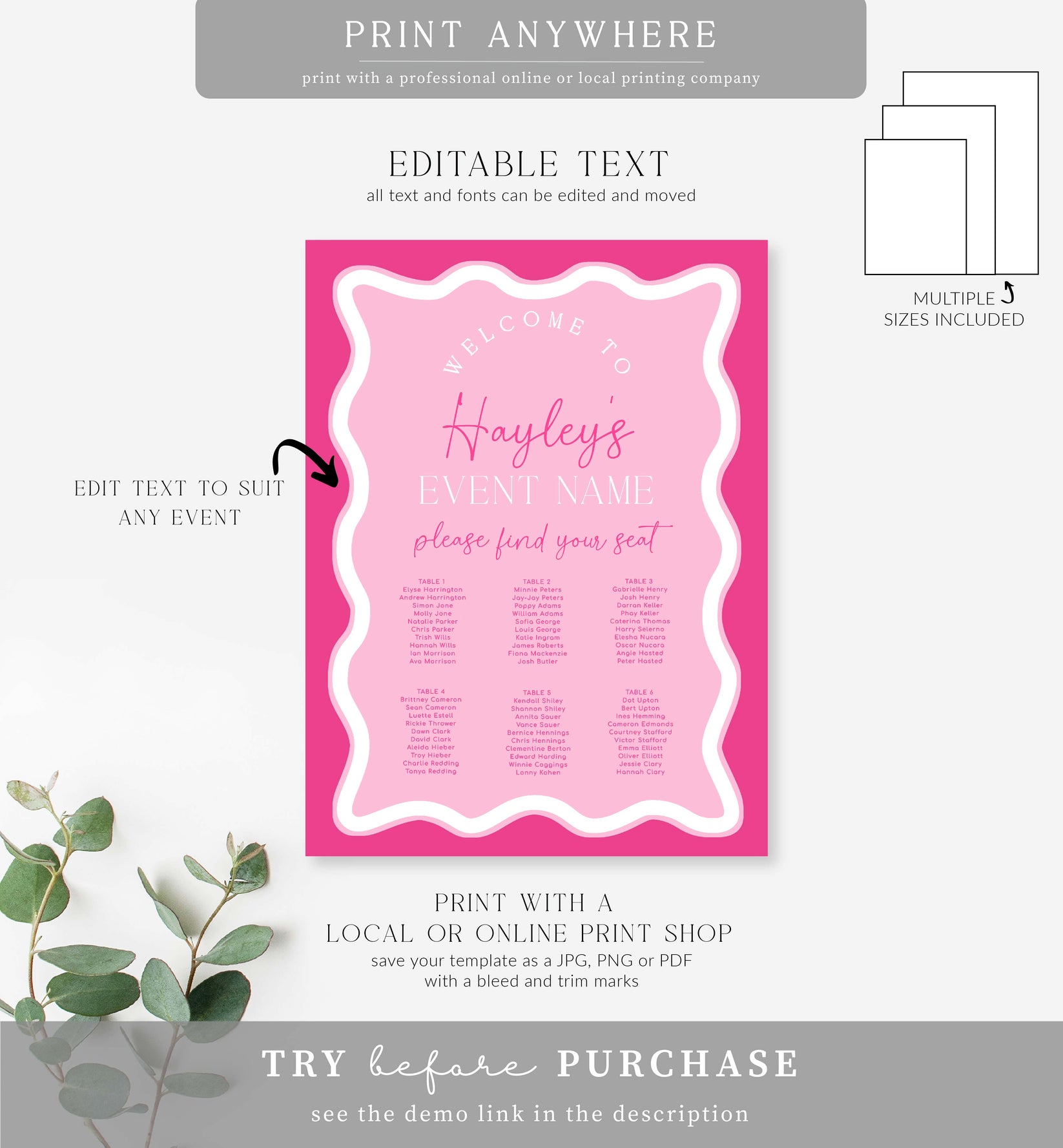 Wave Hot Pink | Printable Seating Chart Template – Black Bow Studio