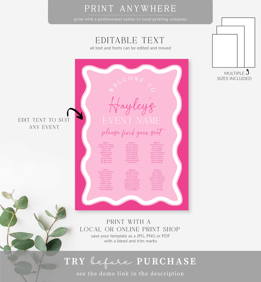 Wave Hot Pink | Printable Seating Chart Template – Black Bow Studio