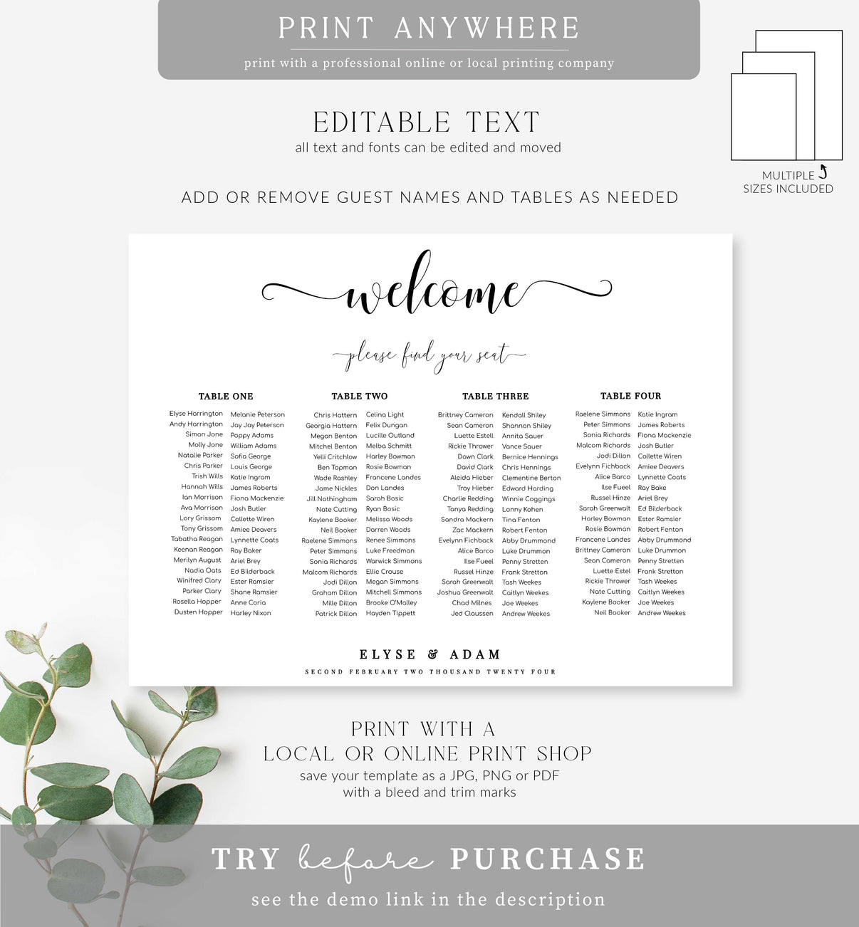 Leyton Script | Printable Seating Chart 4 Long Tables Template – Black ...