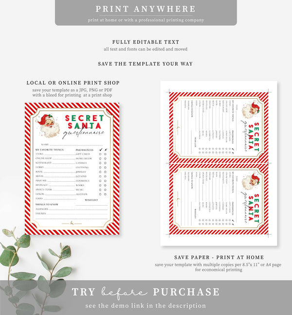 Stripe Red | Printable Secret Santa Questionnaire Bundle Template ...