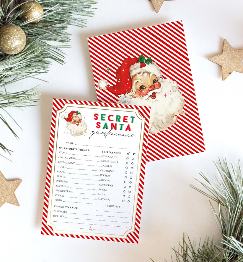 Stripe Red | Printable Secret Santa Questionnaire Bundle Template ...