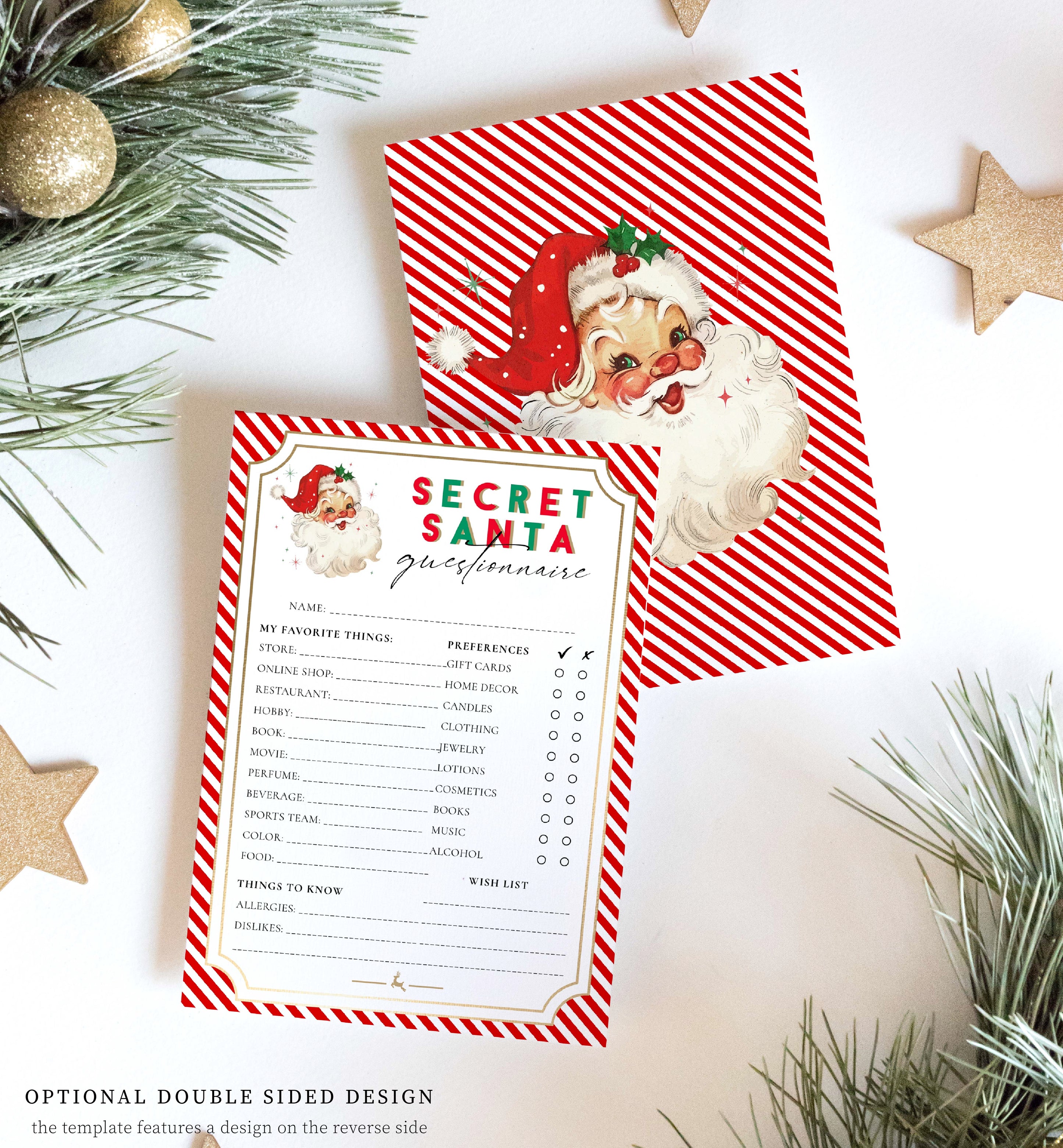Stripe Red | Printable Secret Santa Questionnaire Template – Black Bow ...