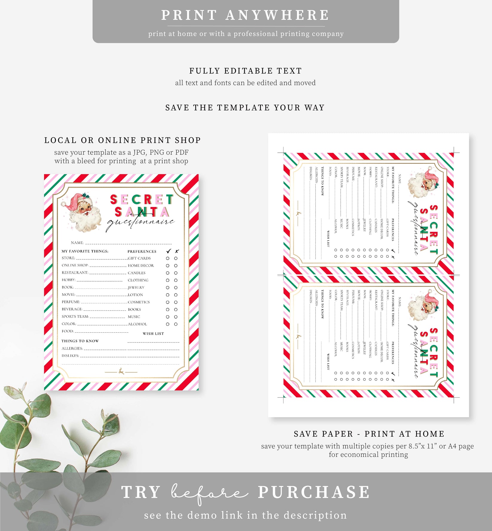 Stripe Pink Multi | Printable Secret Santa Questionnaire Template ...