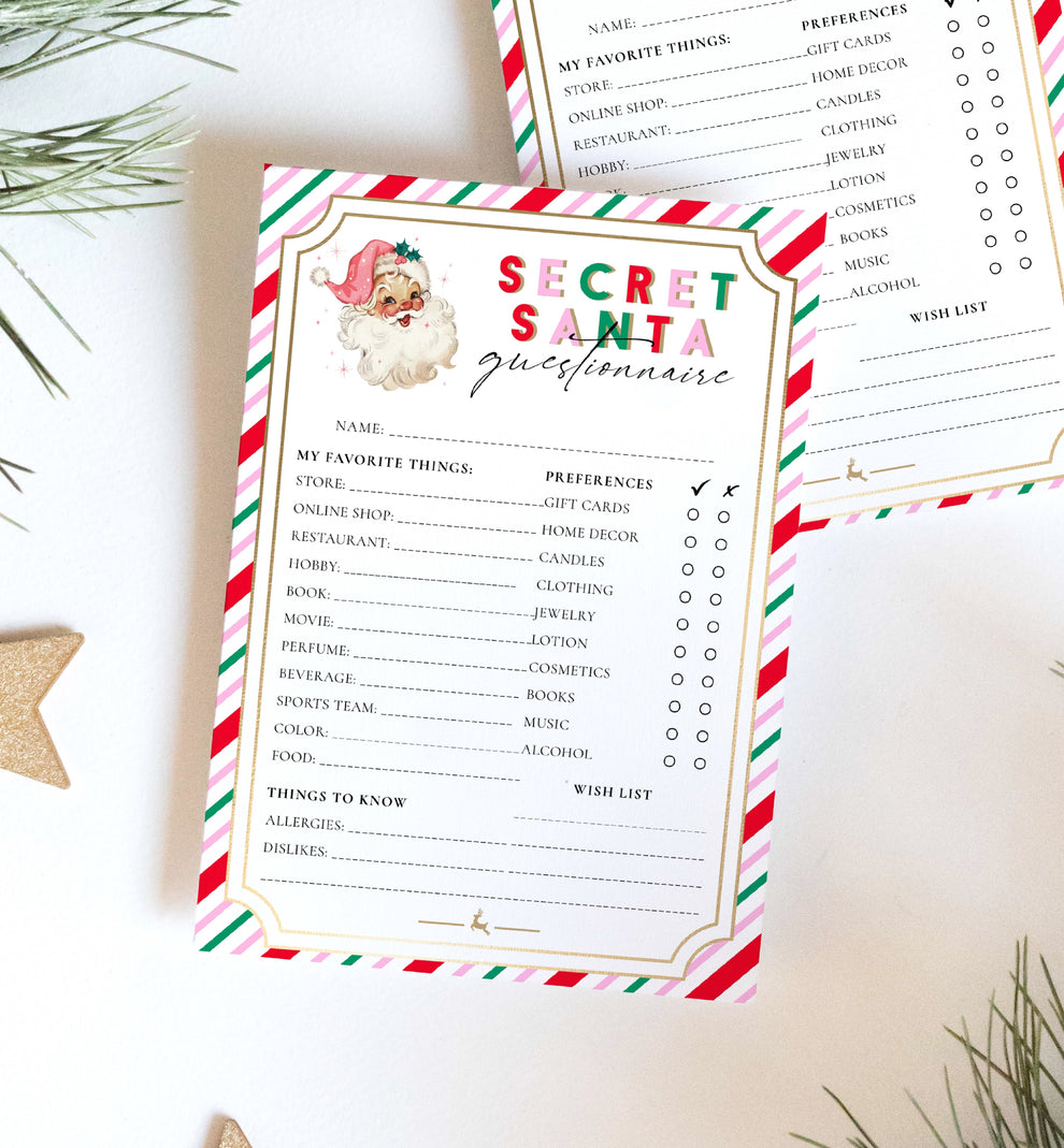 Stripe Pink Multi | Printable Secret Santa Questionnaire Template ...