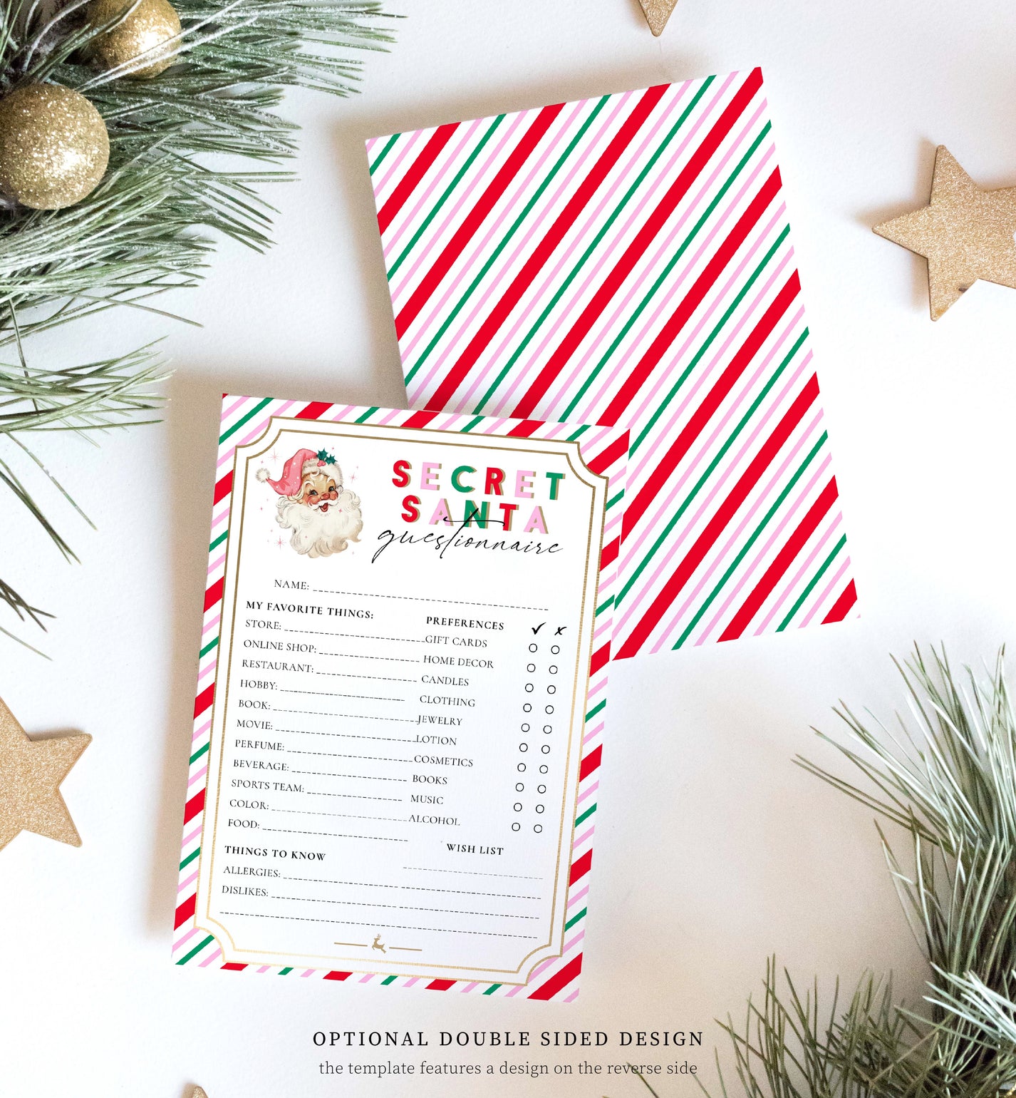 Stripe Pink Multi | Printable Secret Santa Questionnaire Bundle Templa ...