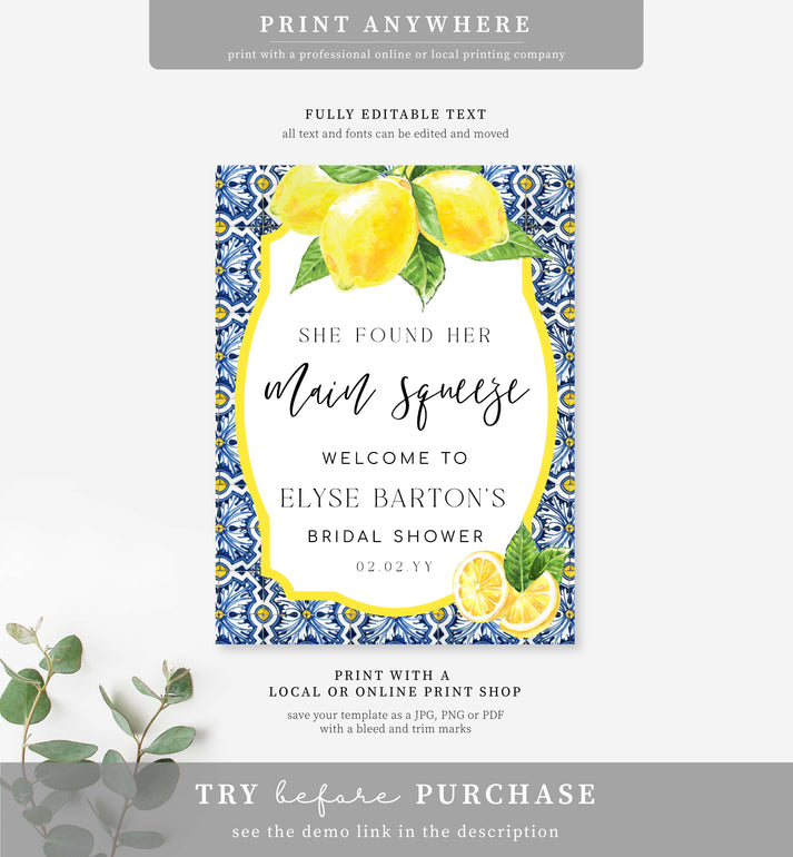 Positano Lemons | Printable Main Squeeze Welcome Sign Template – Black ...