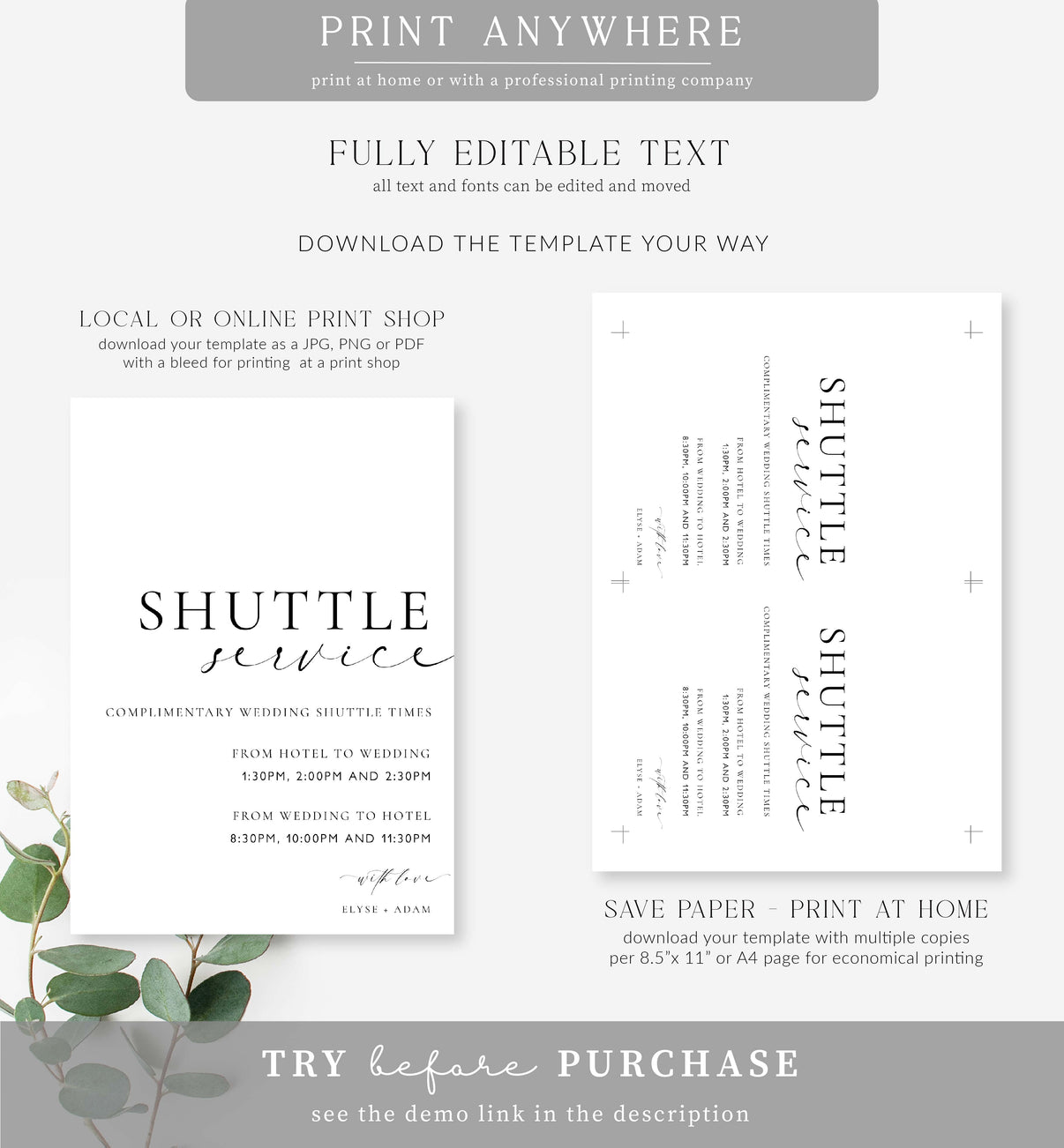 Ellesmere White | Printable Shuttle Service Sign Template – Black Bow ...