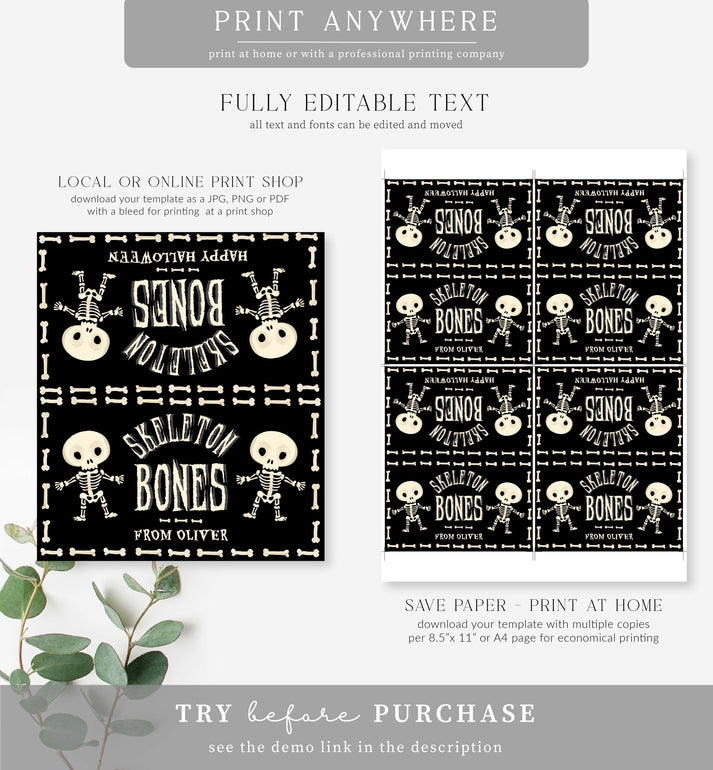 Halloween | Printable Skeleton Bones Treat Bag Topper Template – Black ...