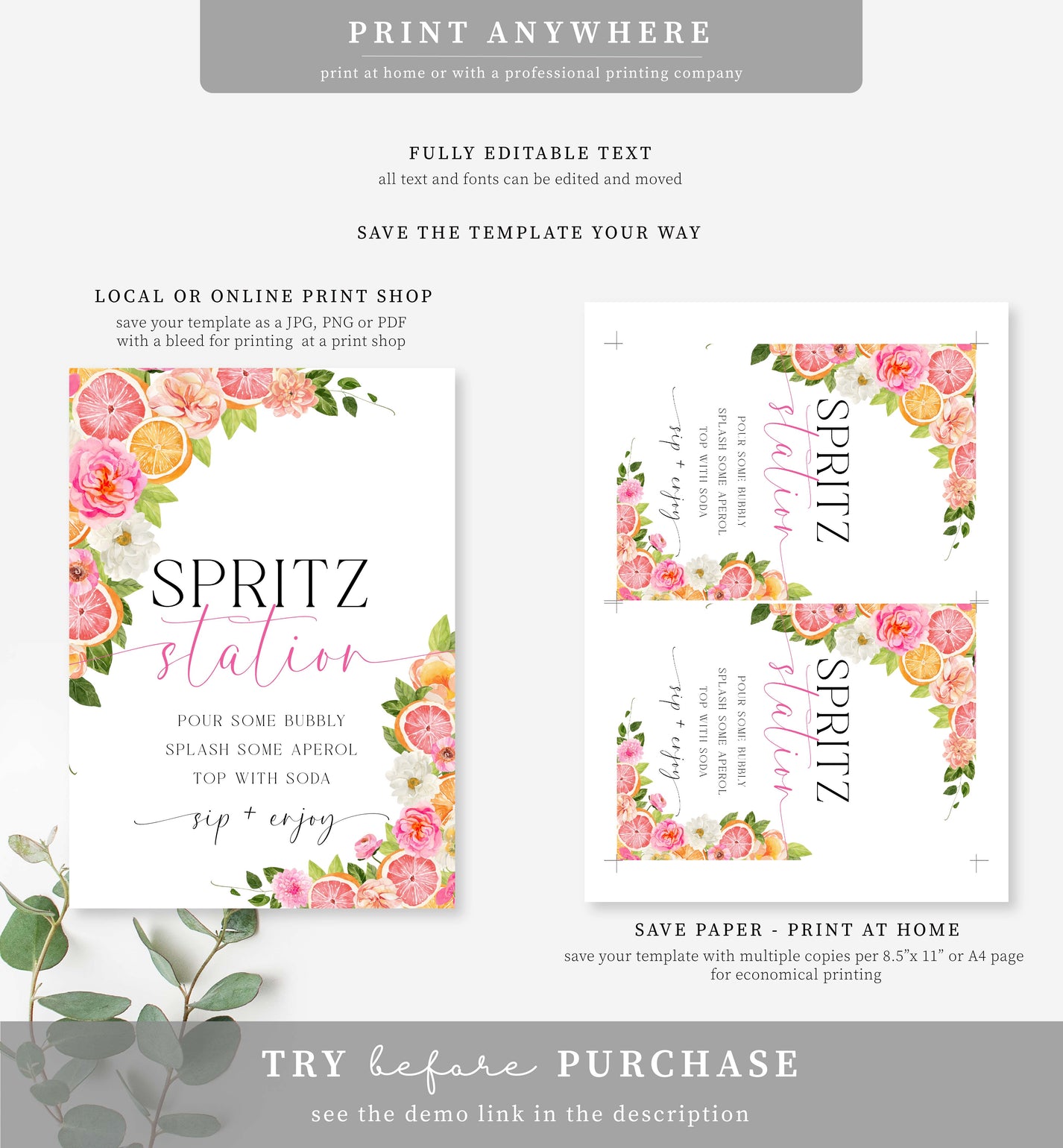 Pomelo White | Printable Spritz Station Sign Template – Black Bow Studio