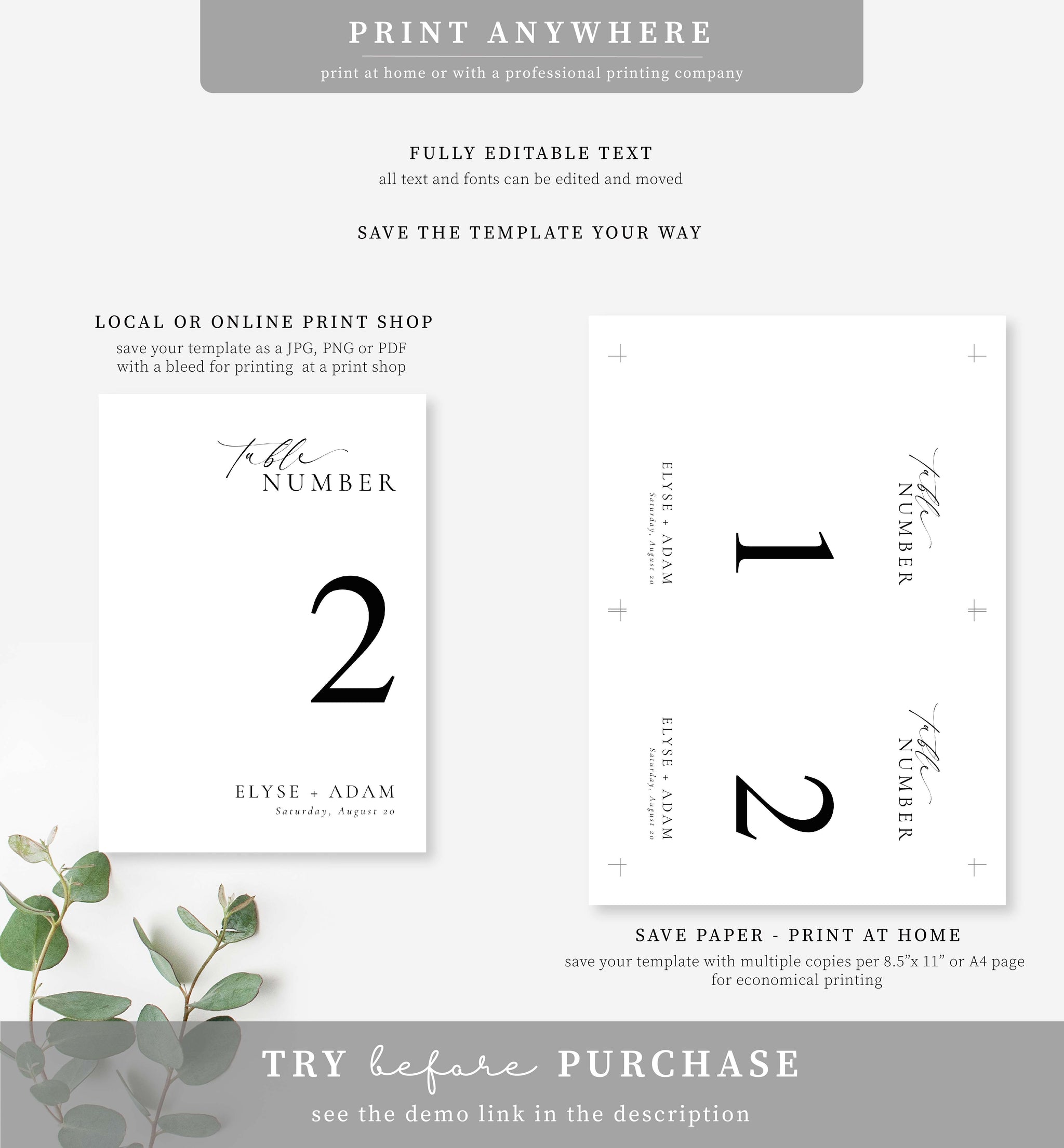 Ellesmere White | Printable Table Numbers Template – Black Bow Studio