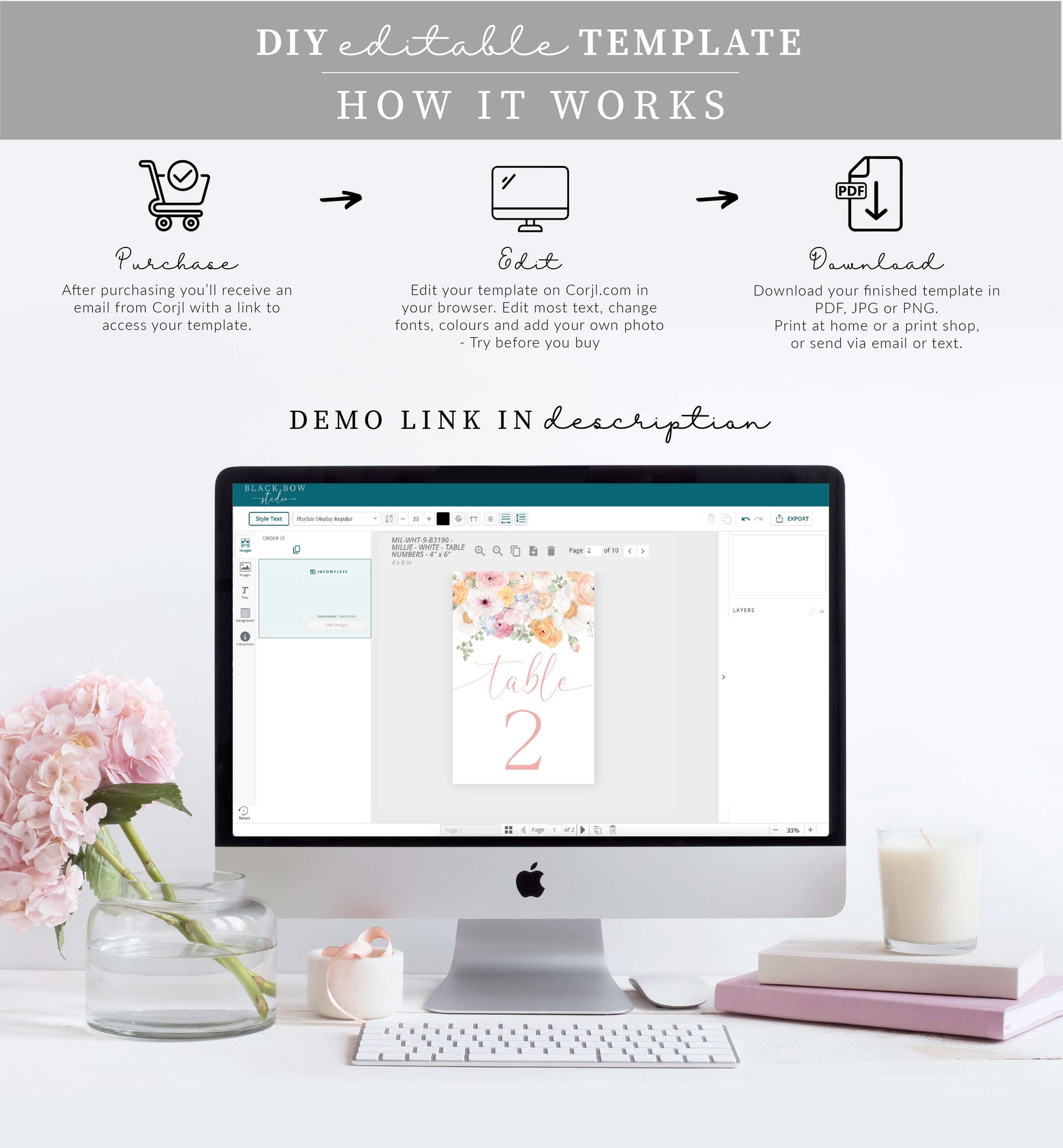 Millie Floral White | Printable Table Numbers Template – Black Bow Studio