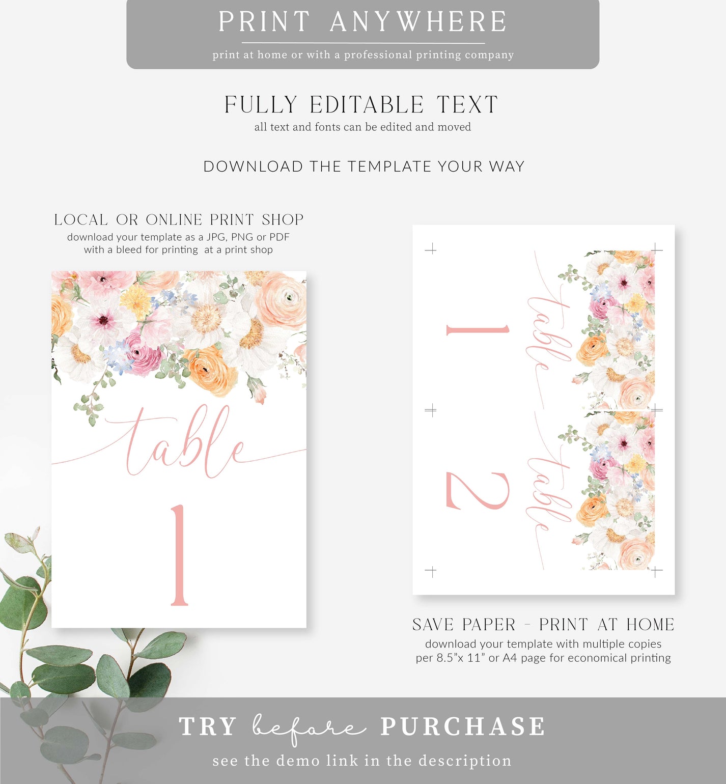 Millie Floral White | Printable Table Numbers Template – Black Bow Studio