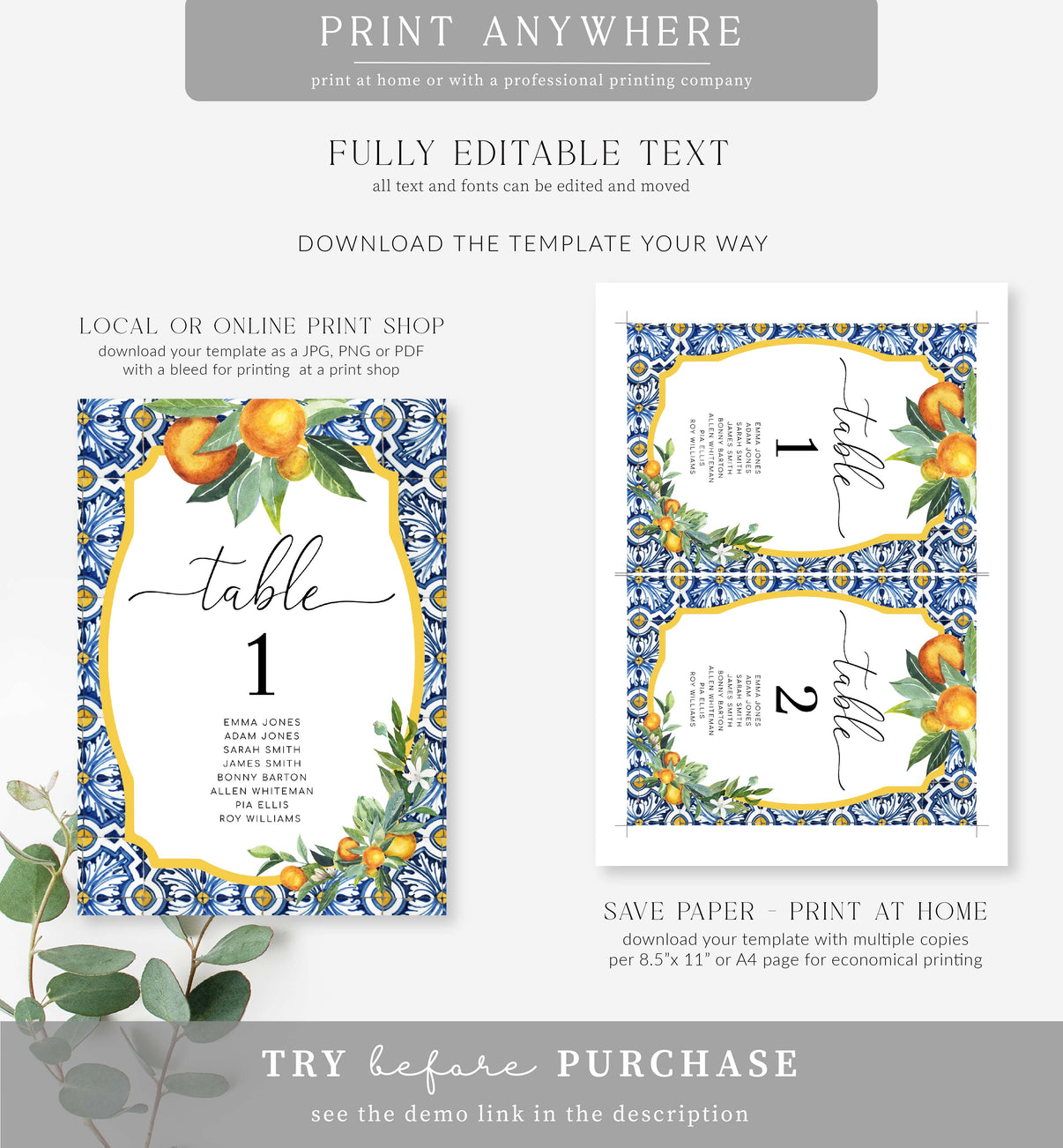 Positano Oranges | Printable Table Numbers Template – Black Bow Studio