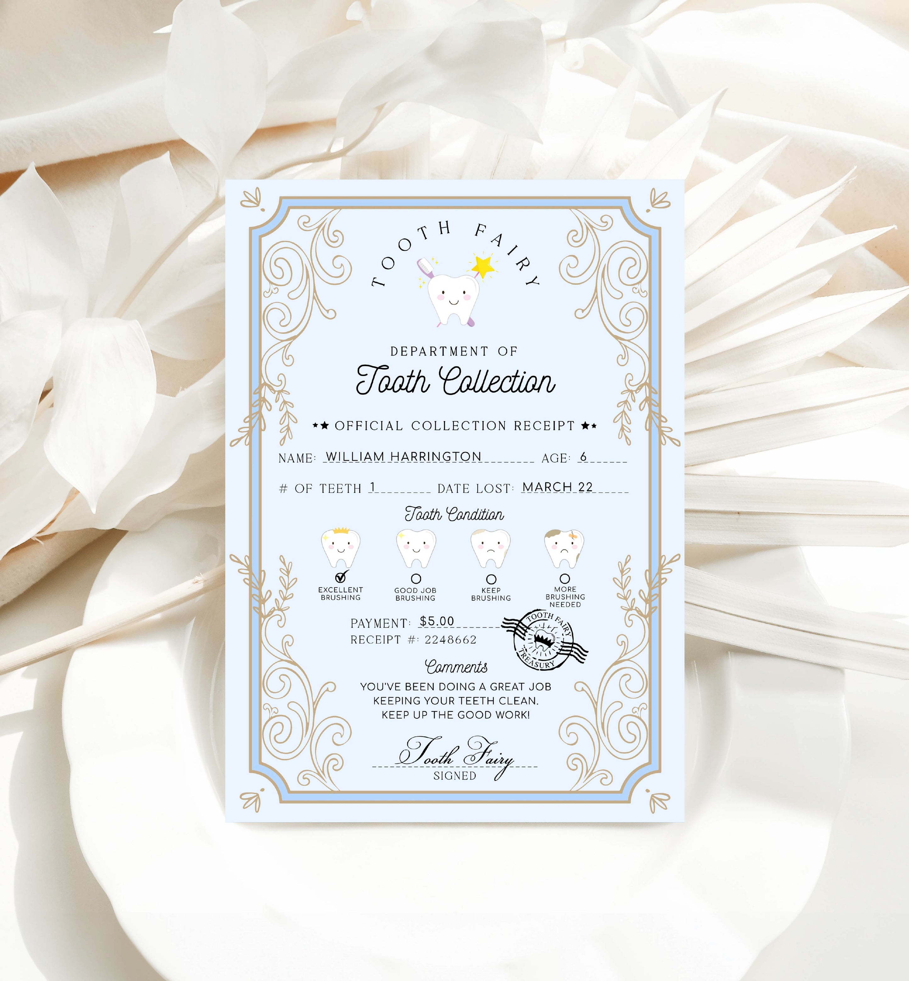 Tooth Fairy Blue | Printable Tooth Collection Receipt Template – Black ...