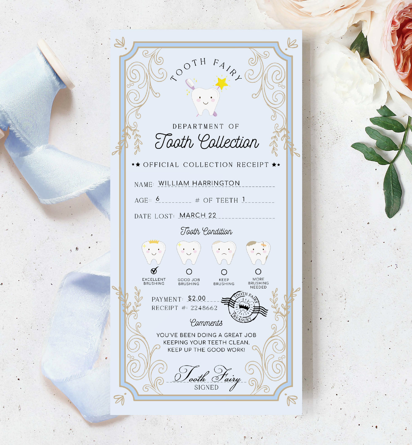 Tooth Fairy Blue | Printable Tooth Collection Receipt Template – Black ...