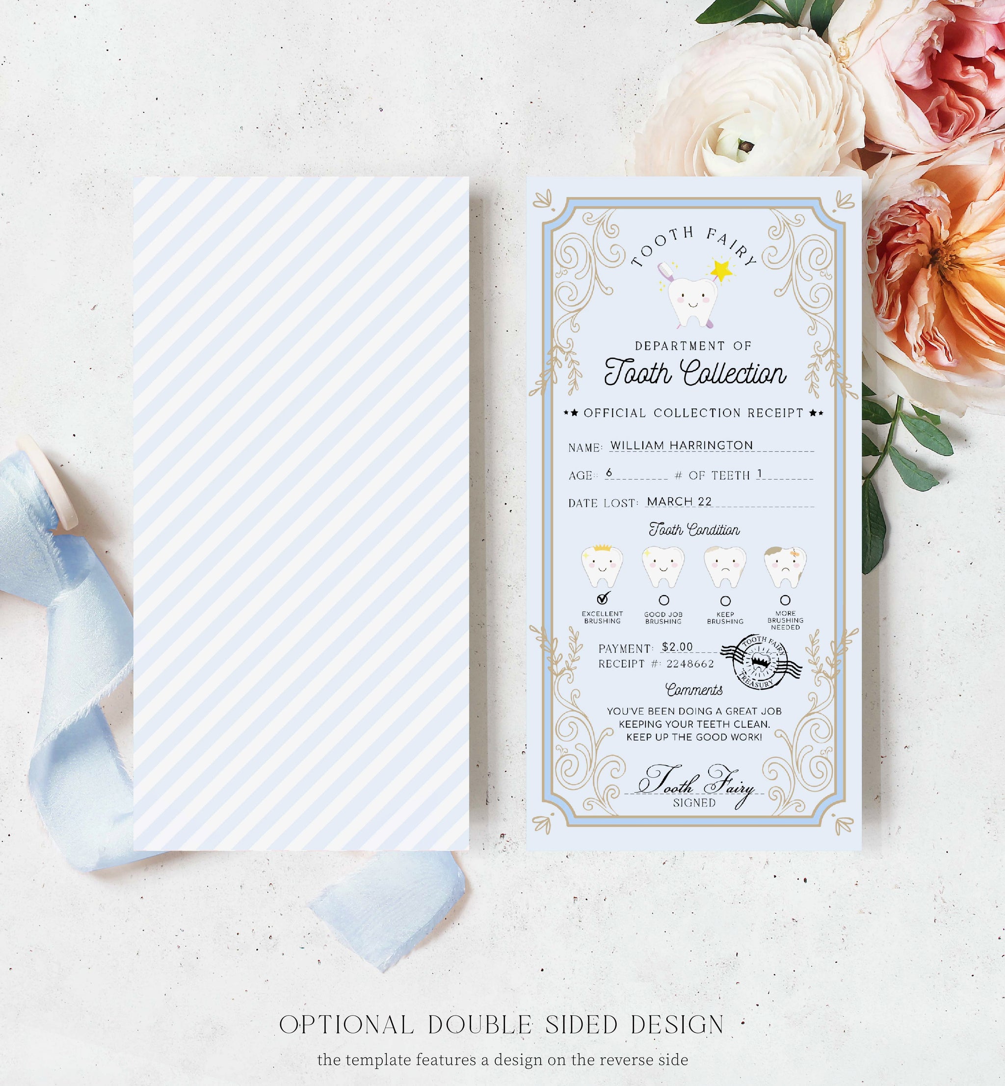 Tooth Fairy Blue | Printable Tooth Collection Receipt Template – Black ...