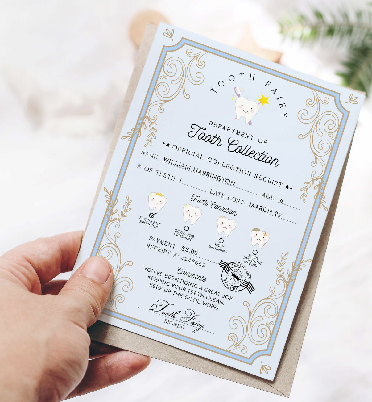 Tooth Fairy Blue | Printable Tooth Collection Letter and Receipt Templ ...