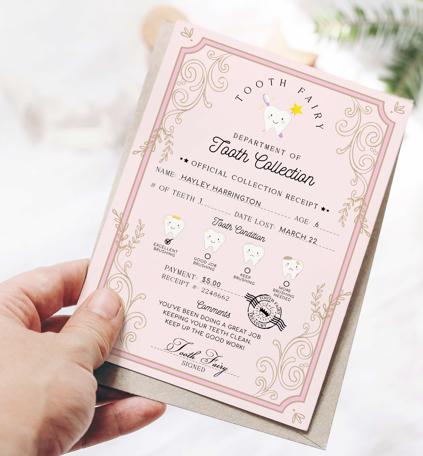 Tooth Fairy Pink | Printable Tooth Collection Receipt Template – Black ...