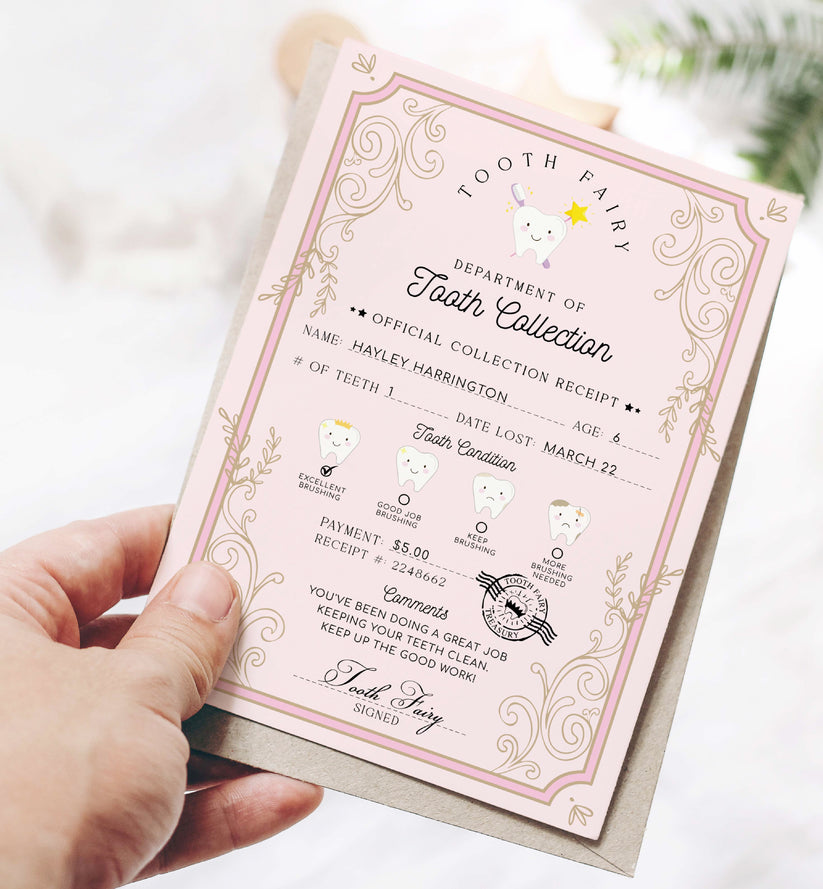 Tooth Fairy Pink | Printable Tooth Collection Receipt Template – Black ...