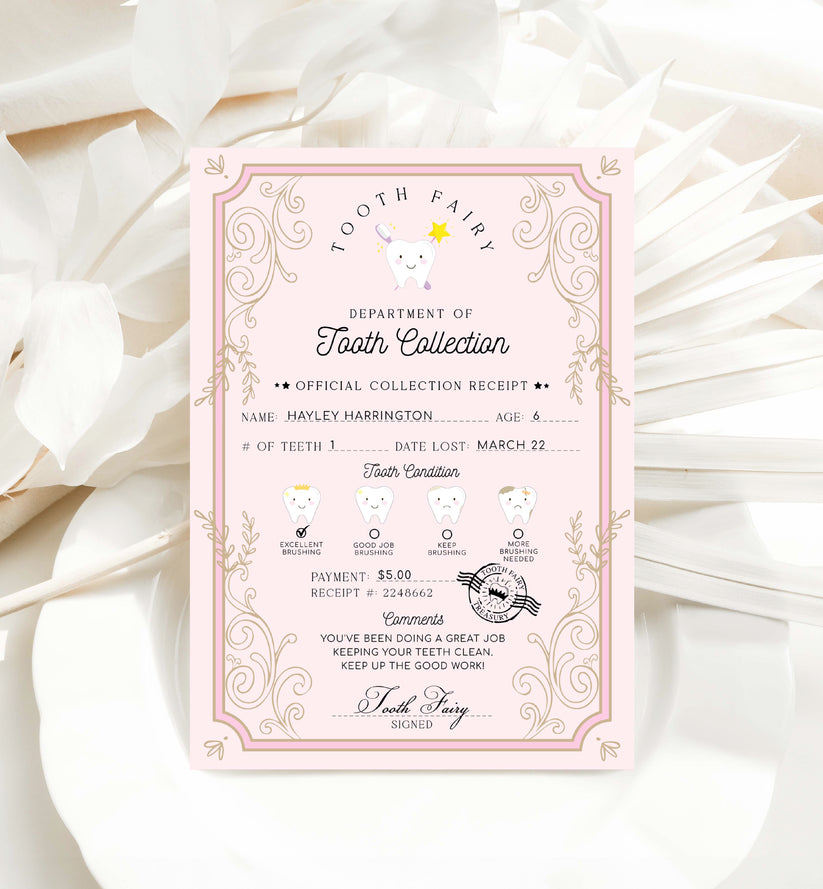 Tooth Fairy Pink | Printable Tooth Collection Receipt Template – Black ...
