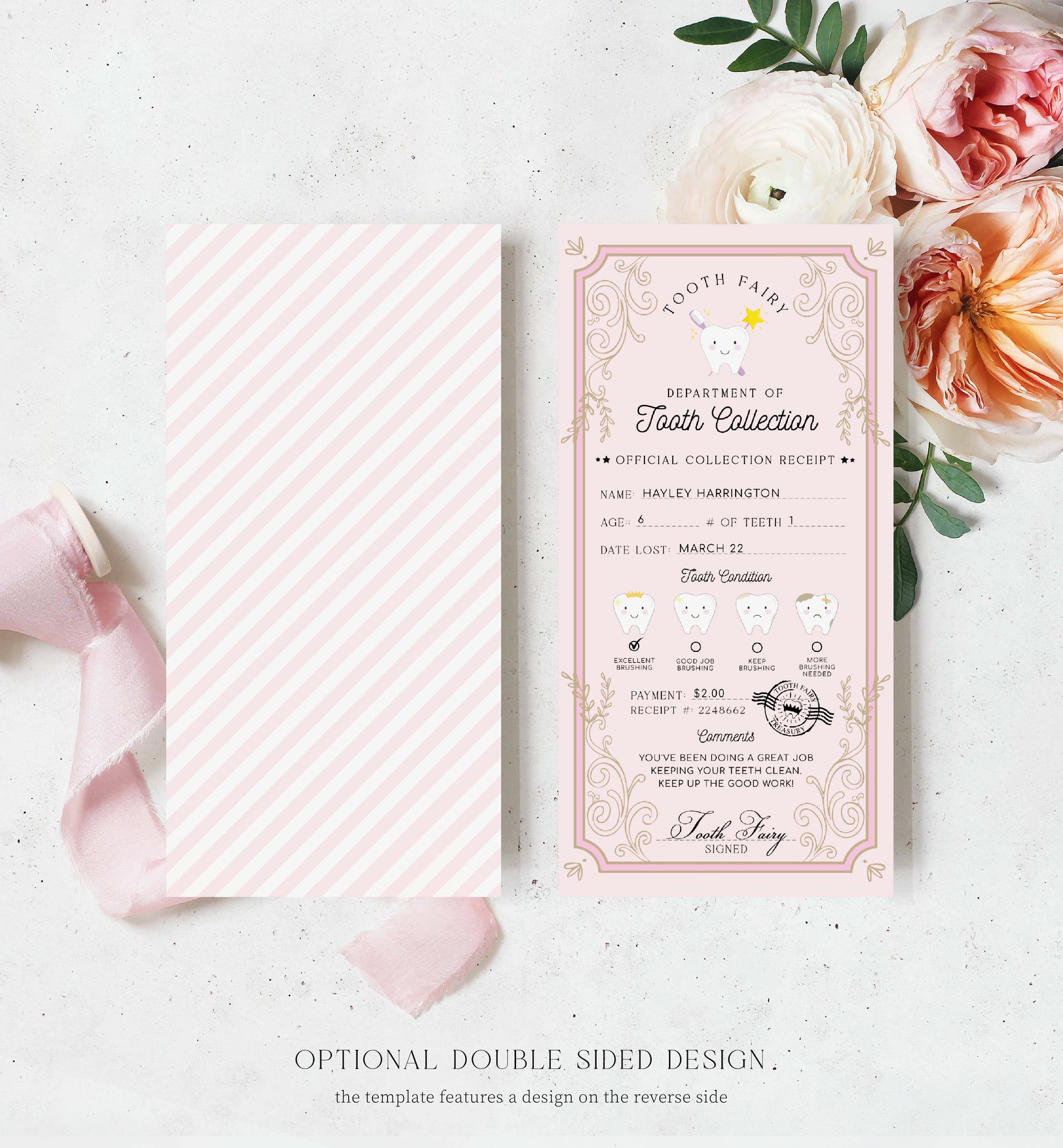 Tooth Fairy Pink | Printable Tooth Collection Receipt Template – Black ...