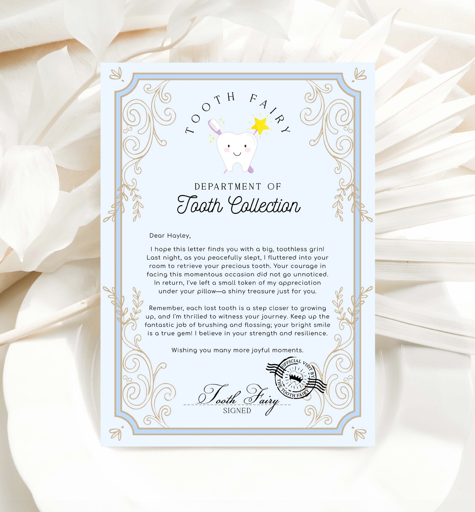 Tooth Fairy Blue | Printable Tooth Collection Letter and Receipt Templ ...