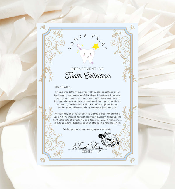 Tooth Fairy Blue | Printable Tooth Collection Letter and Receipt Templ ...
