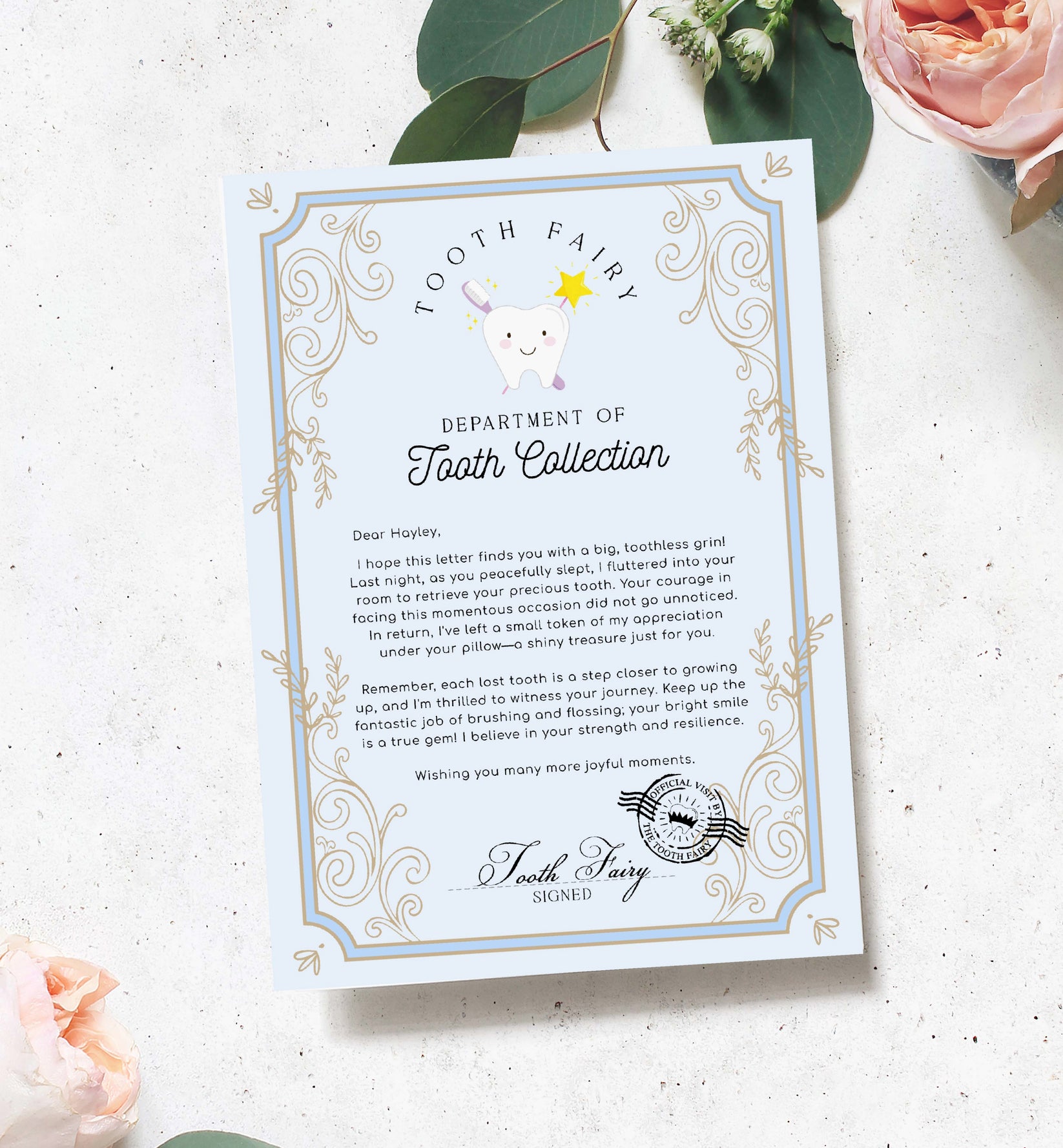 Tooth Fairy Blue | Printable Tooth Collection Letter and Receipt Templ ...