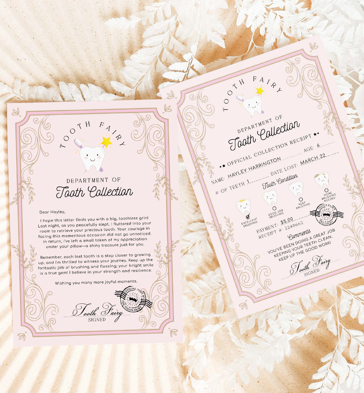 Tooth Fairy Pink | Printable Tooth Collection Letter and Receipt Templ ...