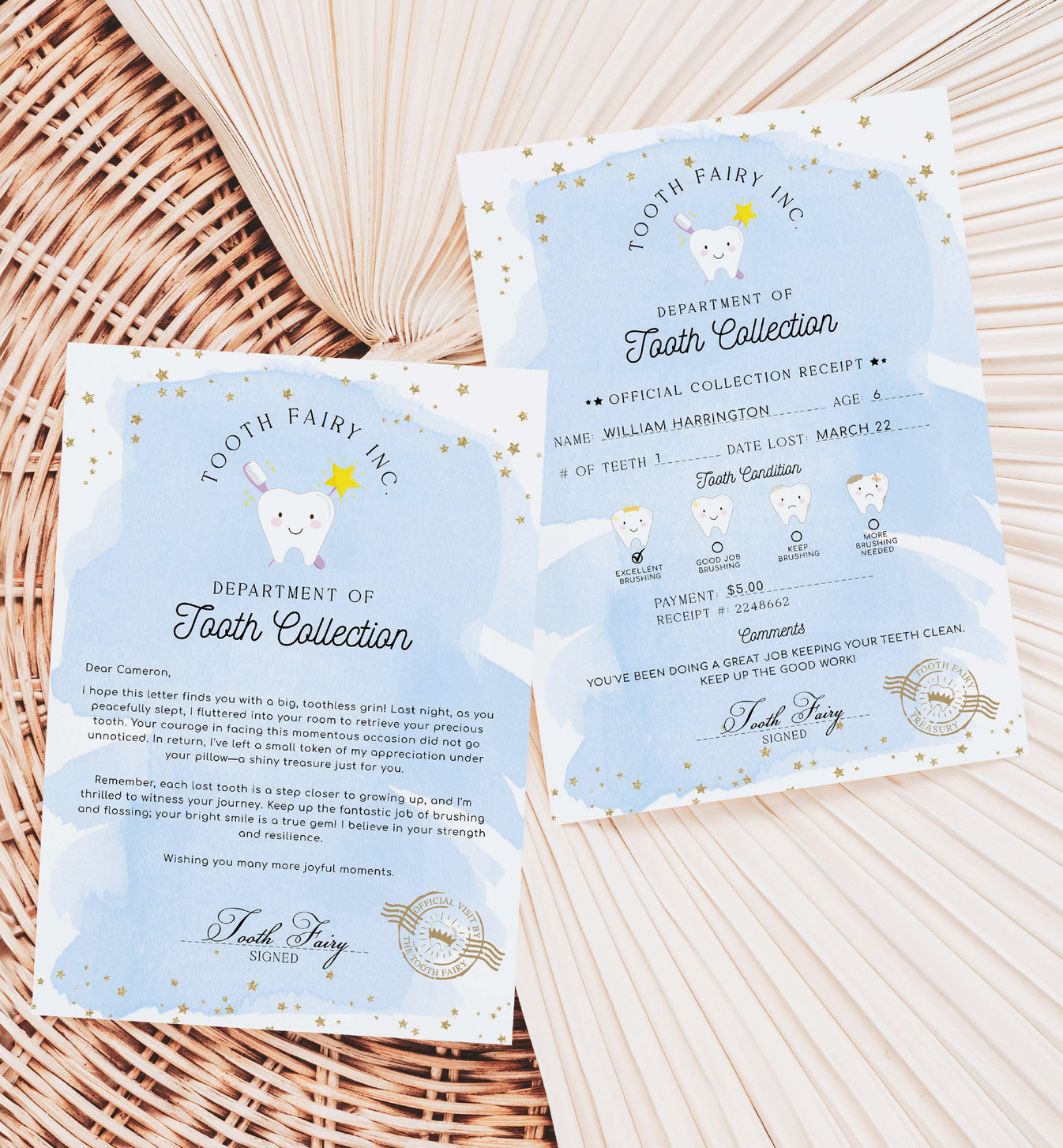 Tooth Fairy Blue | Printable Tooth Collection Letter and Receipt Templ ...
