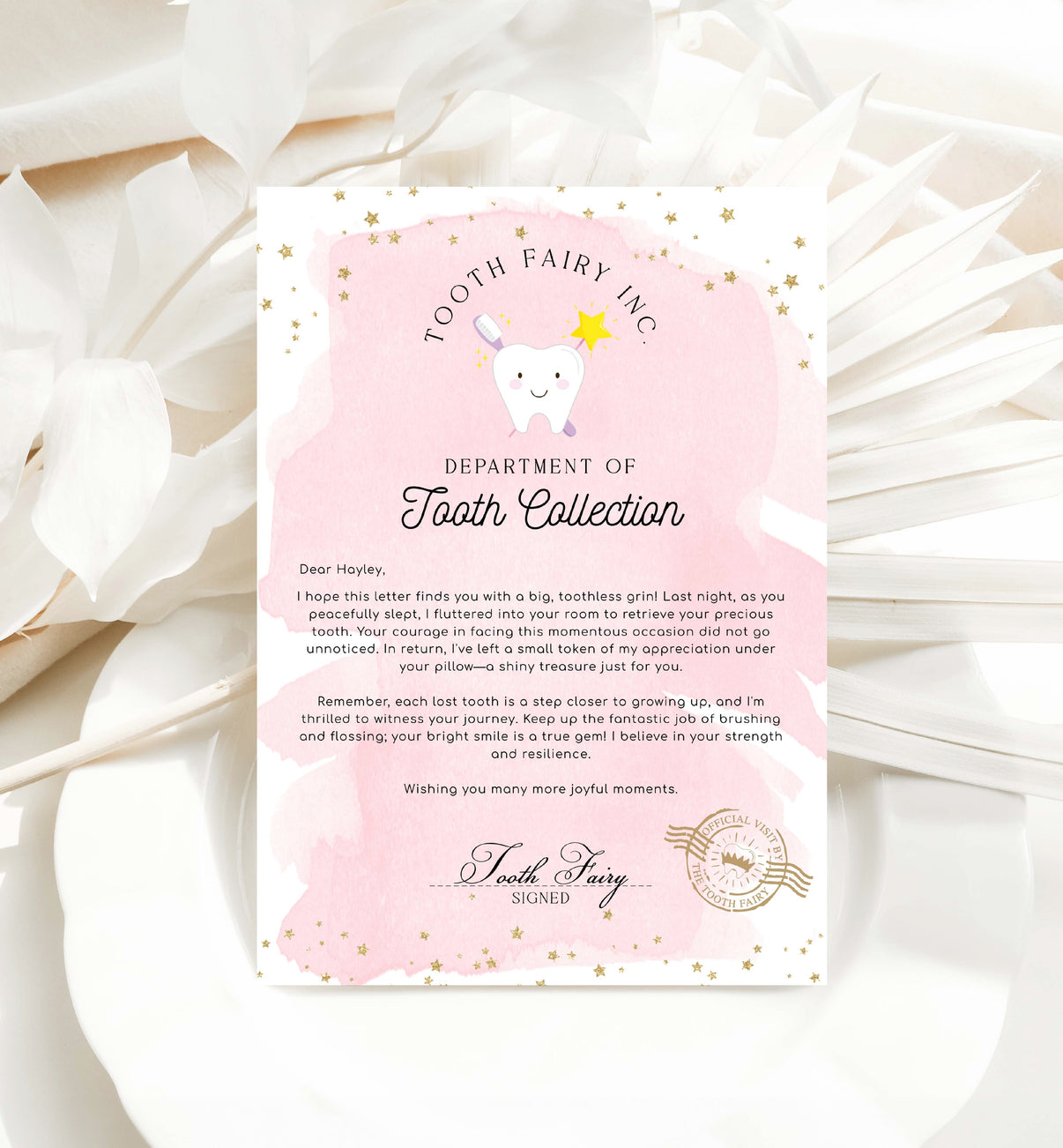 Tooth Fairy Pink | Printable Tooth Collection Letter and Receipt Templ ...